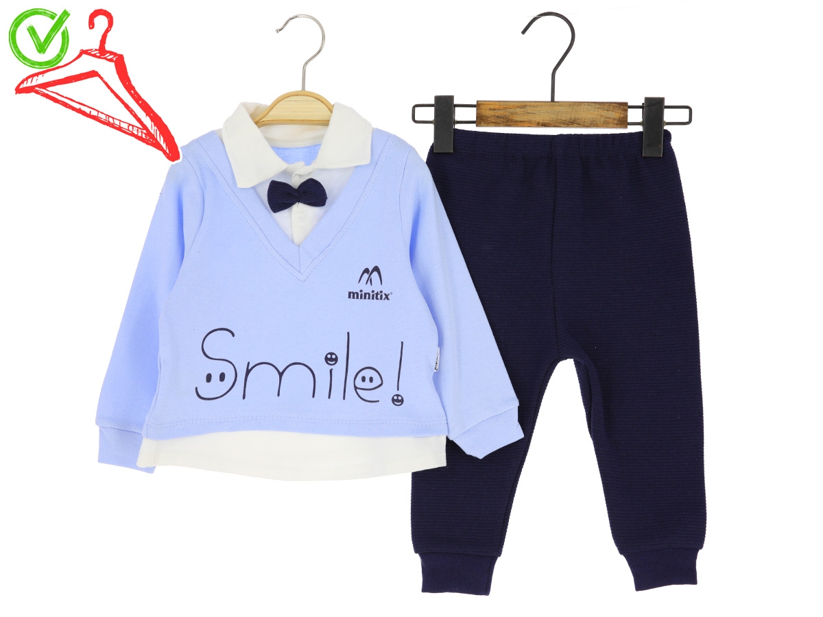9/24 AY BEBE ERKEK TAKIM 2'Lİ PAPYONLU SMİLE BASKILI